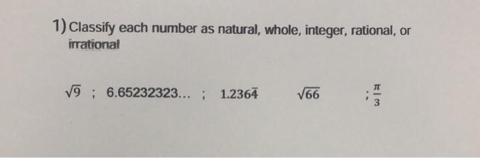Solved 1) Classify each number as natural, whole, integer, | Chegg.com