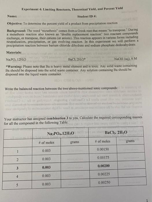 Solved Experiment 4: Limiting Reactants, Theoretical Yield, | Chegg.com