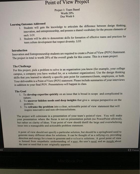 Solved Point of View Project Project 1: Team Based Worth 20% | Chegg.com