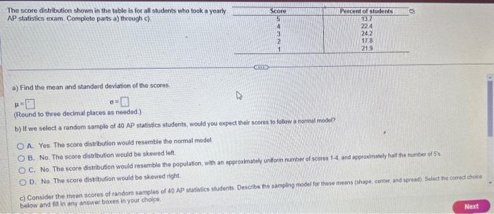 Solved The score distribution shown in the table is for all | Chegg.com
