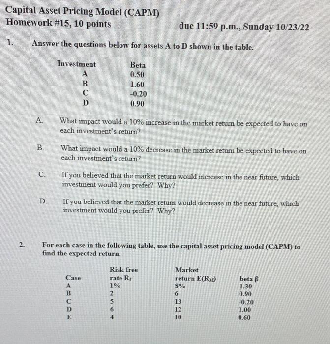 Solved Capital Asset Pricing Model (CAPM) Homework #15, 10 | Chegg.com