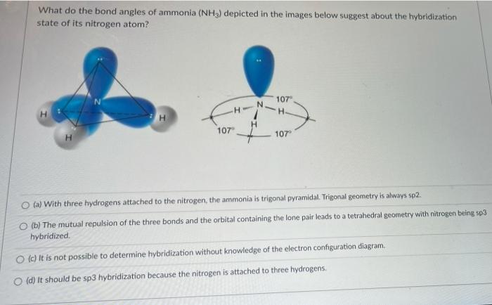 Solved What do the bond angles of ammonia (NH3) depicted in | Chegg.com
