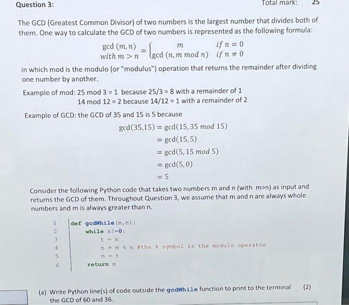 Solved Question 3 : Total mark: ged (m, nn = {gcd (n, m mod | Chegg.com