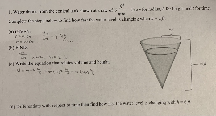 Solved 1. Water drains from the conical tank shown at a rate | Chegg.com