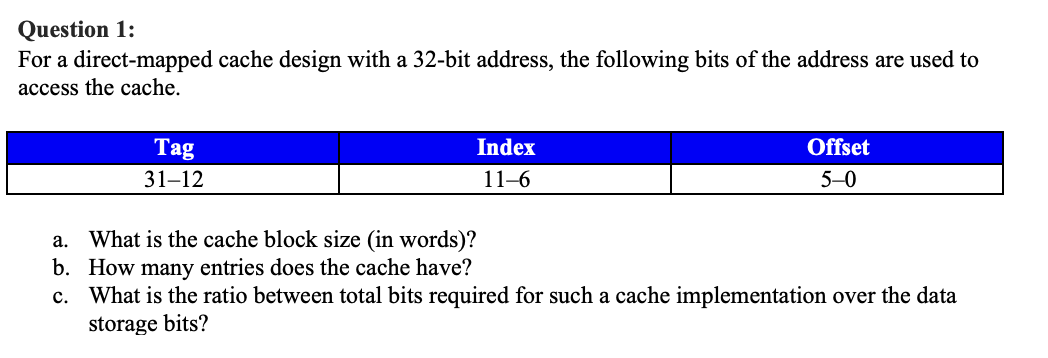 Solved Question 1: For a direct-mapped cache design with a | Chegg.com