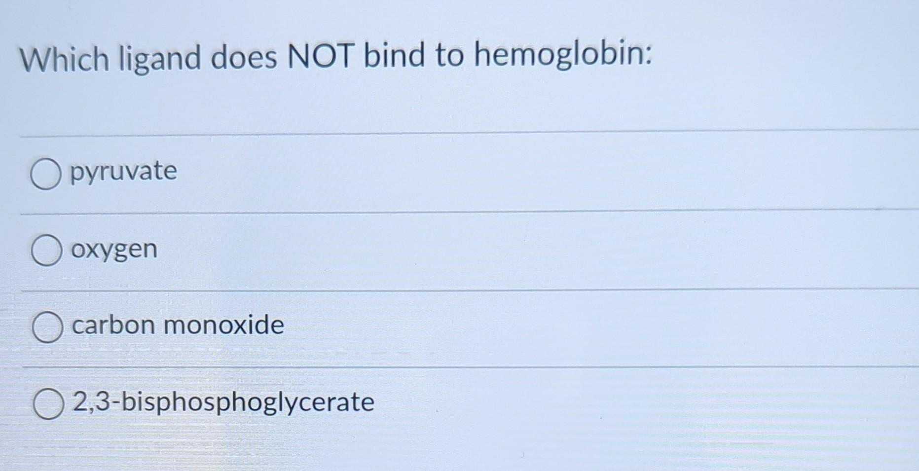 Solved Which ligand does NOT bind to hemoglobin: pyruvate | Chegg.com