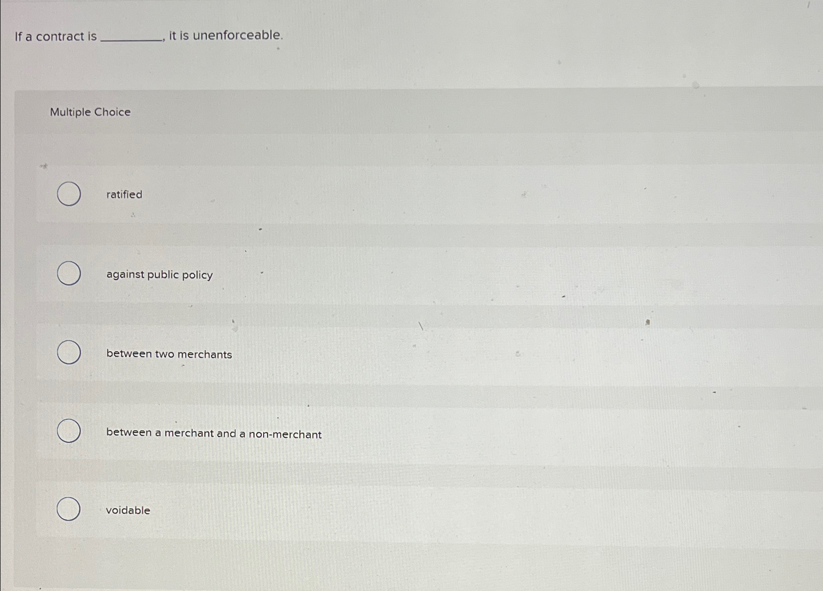 Solved If a contract is ﻿it is unenforceable.Multiple | Chegg.com