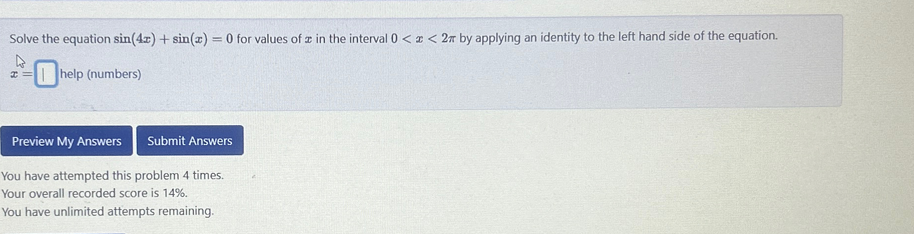 Solved Solve the equation sin(4x)+sin(x)=0 ﻿for values of x | Chegg.com