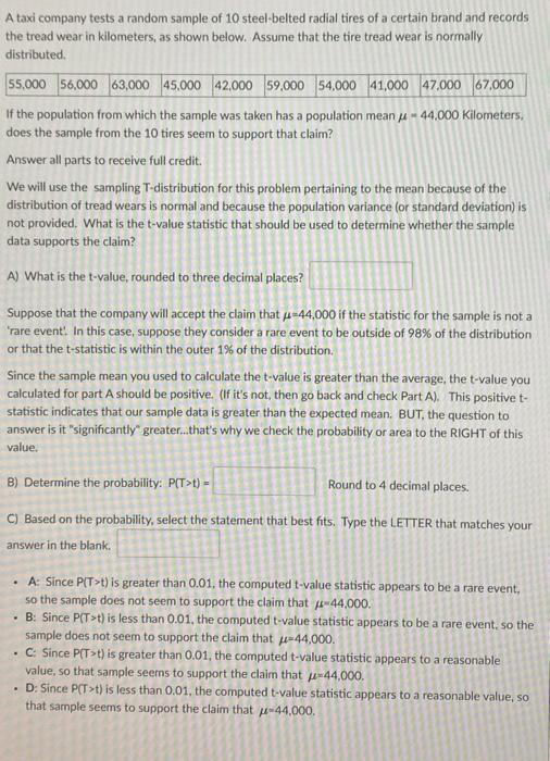 Solved A taxi company tests a random sample of 10 | Chegg.com