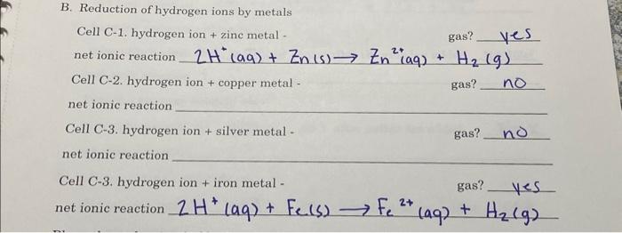 B. Reduction of hydrogen ions by metals Cell C-1. | Chegg.com