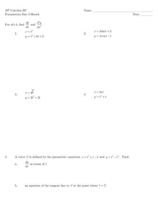 Solved Name AP Calculus BC Parametric Day 3 Hmwk Date For | Chegg.com
