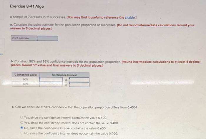 Solved Exercise 8-41 Algo A sample of 70 results in 21 | Chegg.com