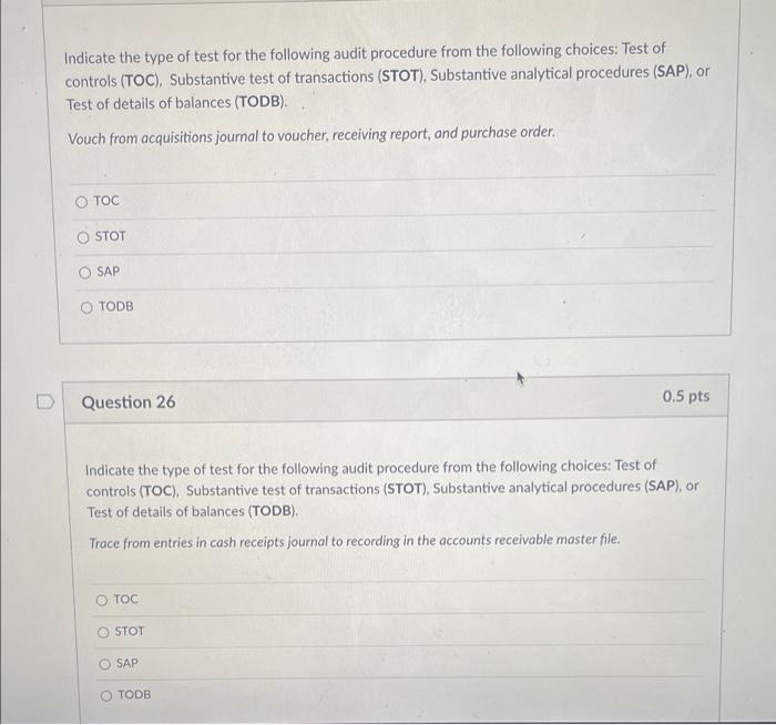 Solved Indicate the type of test for the following audit | Chegg.com