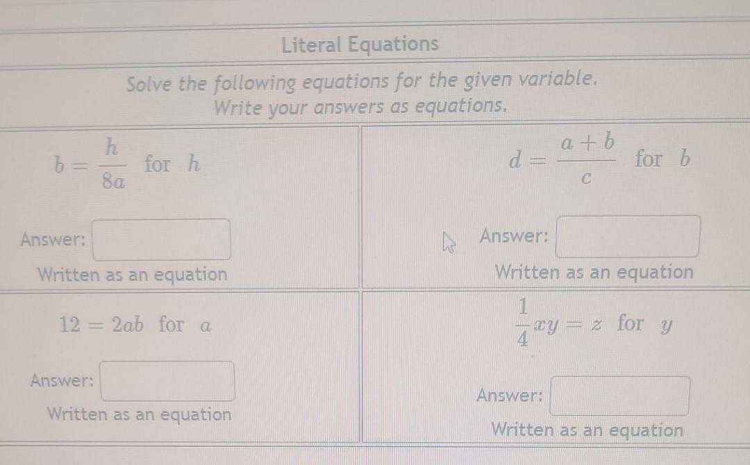 Solved Literal Equations Solve the following equations for | Chegg.com
