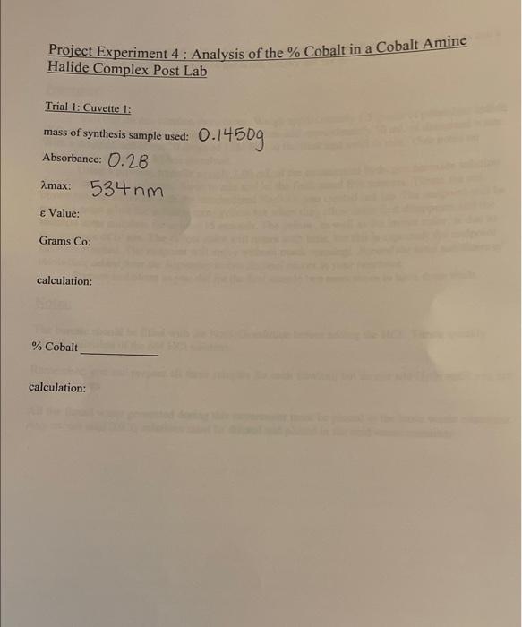 Solved Project Experiment 4 : Analysis of the % Cobalt in a | Chegg.com