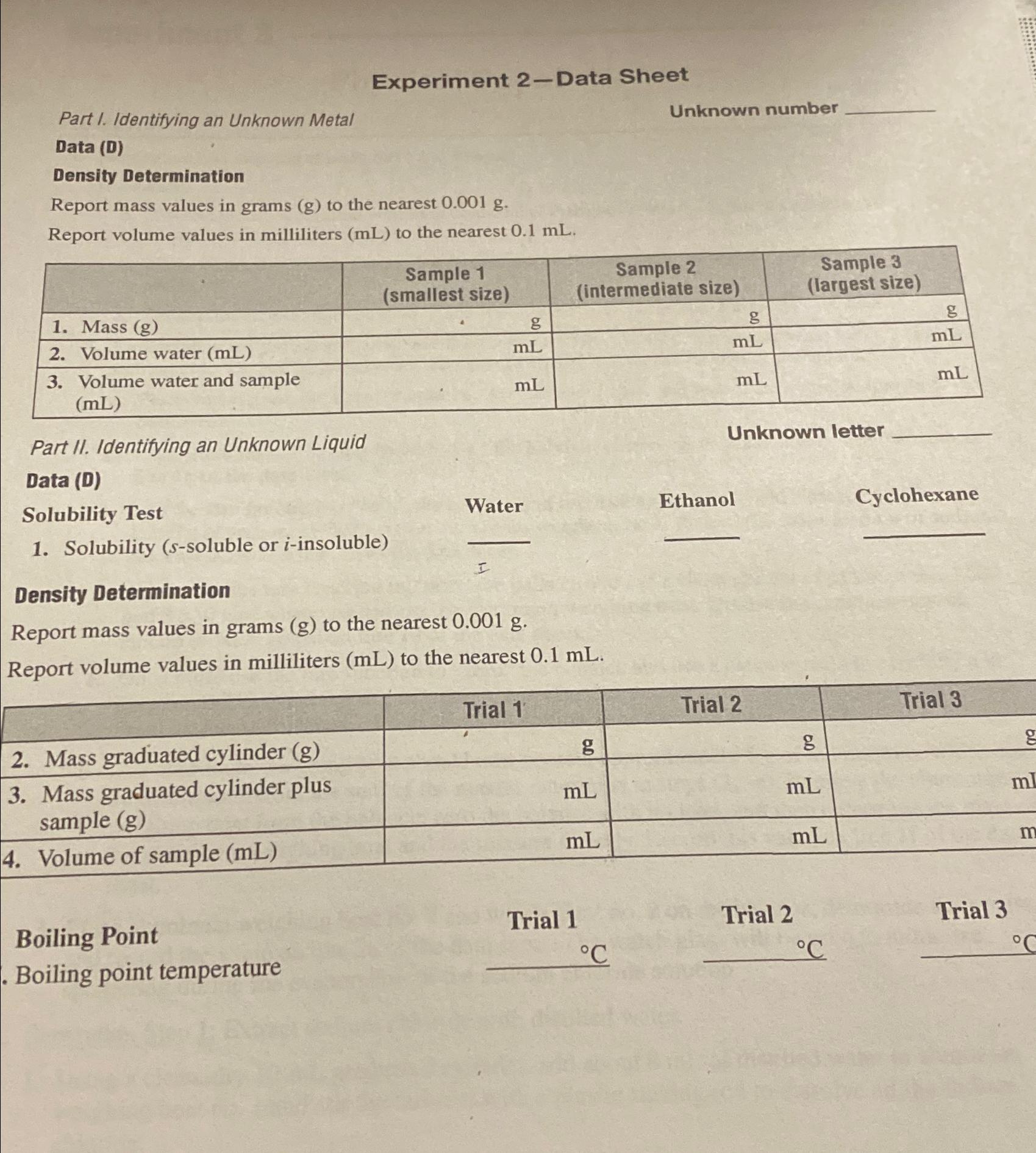 Experiment 2-Data SheetPart I. Identifying an Unknown | Chegg.com