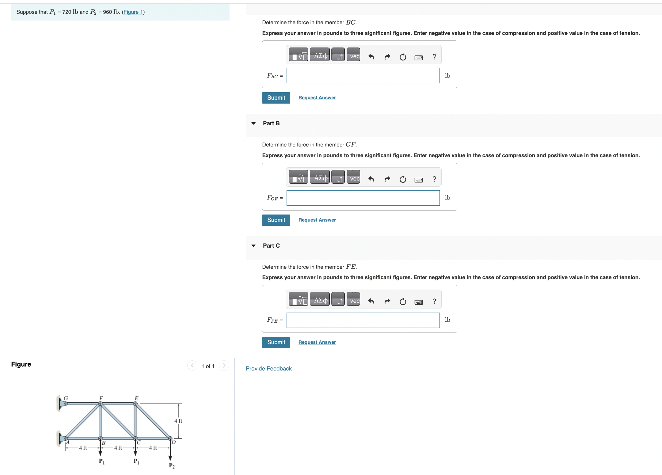 Solved Determine the force in the member \( ﻿B C \).Express | Chegg.com