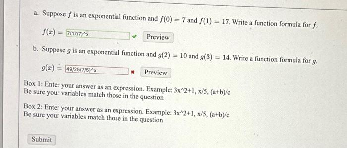 Solved a. Suppose f is an exponential function and f(0)=7 | Chegg.com