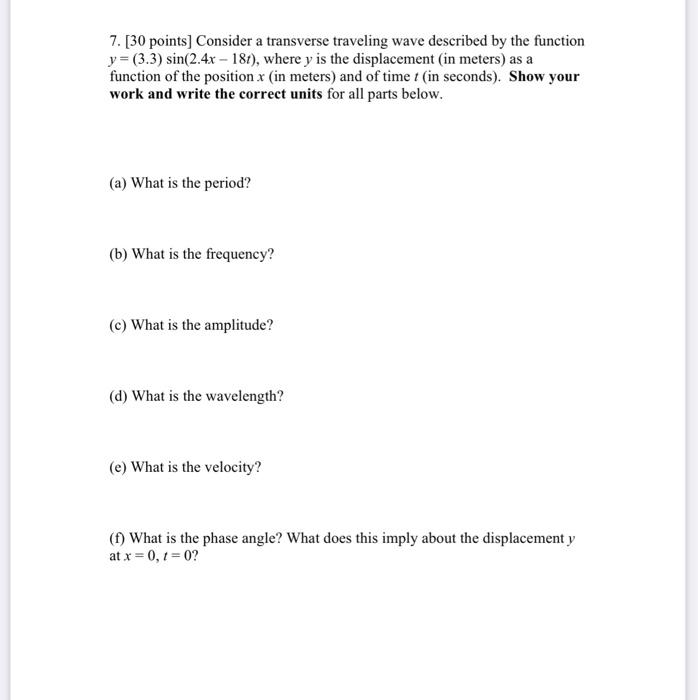 Solved 7. [30 points] Consider a transverse traveling wave | Chegg.com