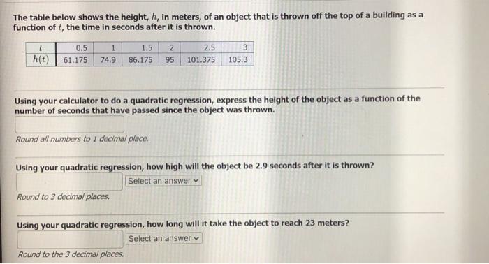 Solved The table below shows the height, h, in meters, of an | Chegg.com