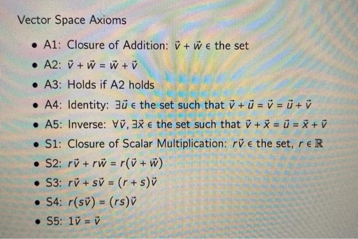 Solved Vector Space Axioms • A1: Closure of Addition: V + We | Chegg.com