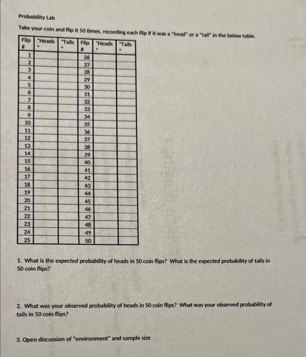 Solved Probability Lab Take your coin and flip it 50 times, | Chegg.com