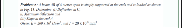 [Solved]: Problem 2 : A beam AB of 4 metres span is simply s