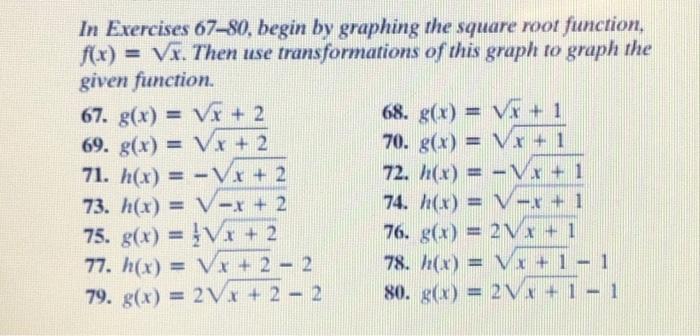 Solved In Exercises 67−80, begin by graphing the square root | Chegg.com