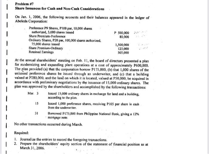 Solved Problem \#7 Share Issuances for Cash and Non-Cash | Chegg.com