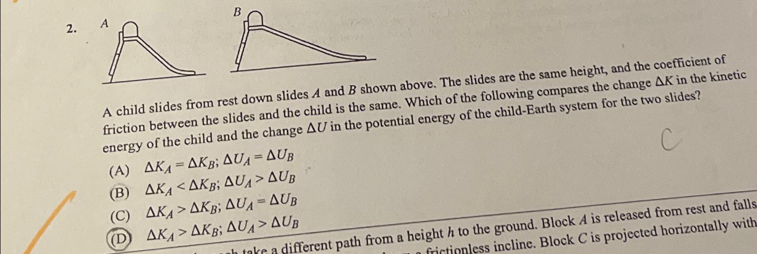 Solved 2\\nA child slides from rest down slides A and B | Chegg.com