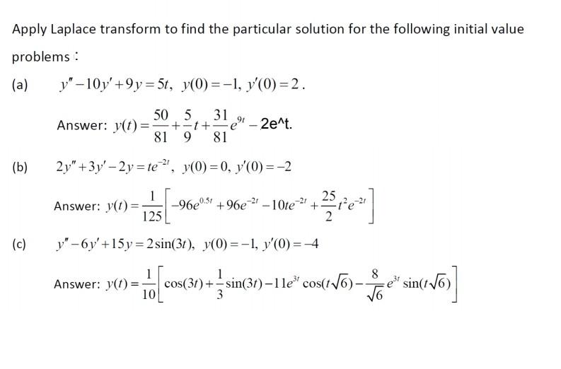 Solved Apply Laplace transform to find the particular | Chegg.com