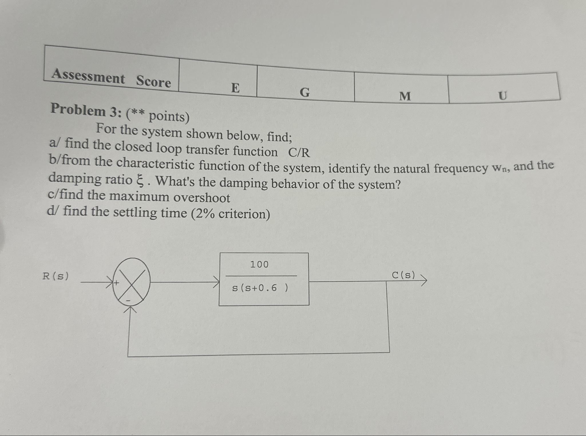 Solved \table[[Assessment Score,E,G,M,U]]Problem 3: (** | Chegg.com