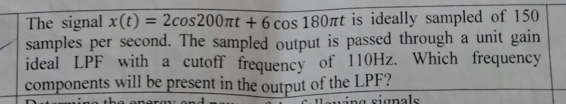 [Solved]: The signal x(t)=2 cos 200 pi t+6 cos180 pi t is id
