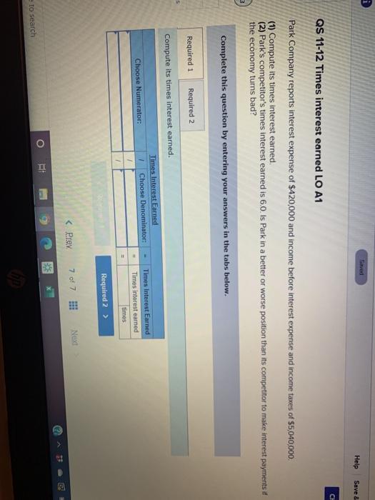 Solved Help Save Ch QS 11 12 Times Interest Earned LO A1 Chegg