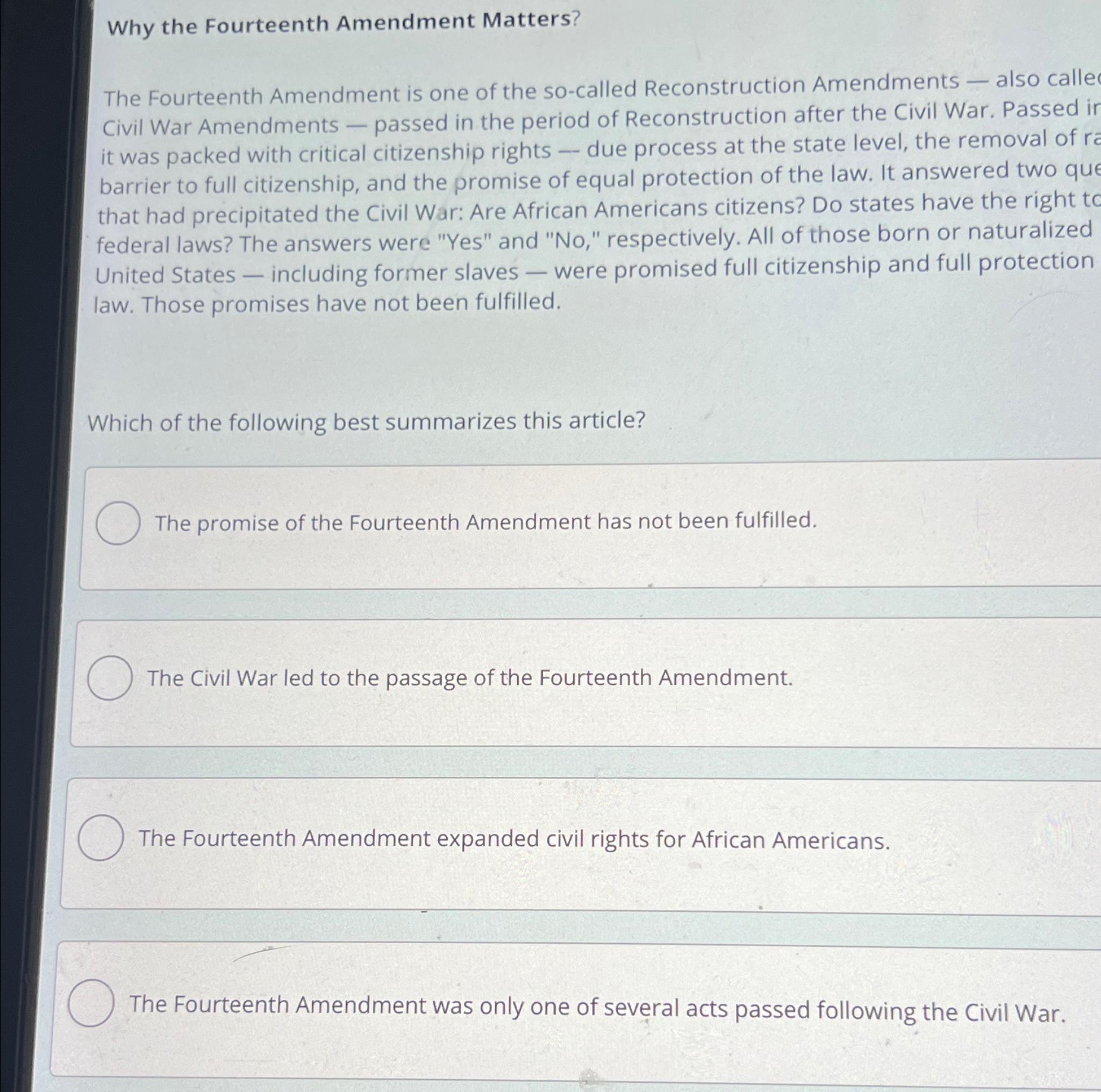 Solved Why the Fourteenth Amendment Matters?The Fourteenth | Chegg.com