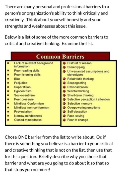 Solved There are many personal and professional barriers to | Chegg.com