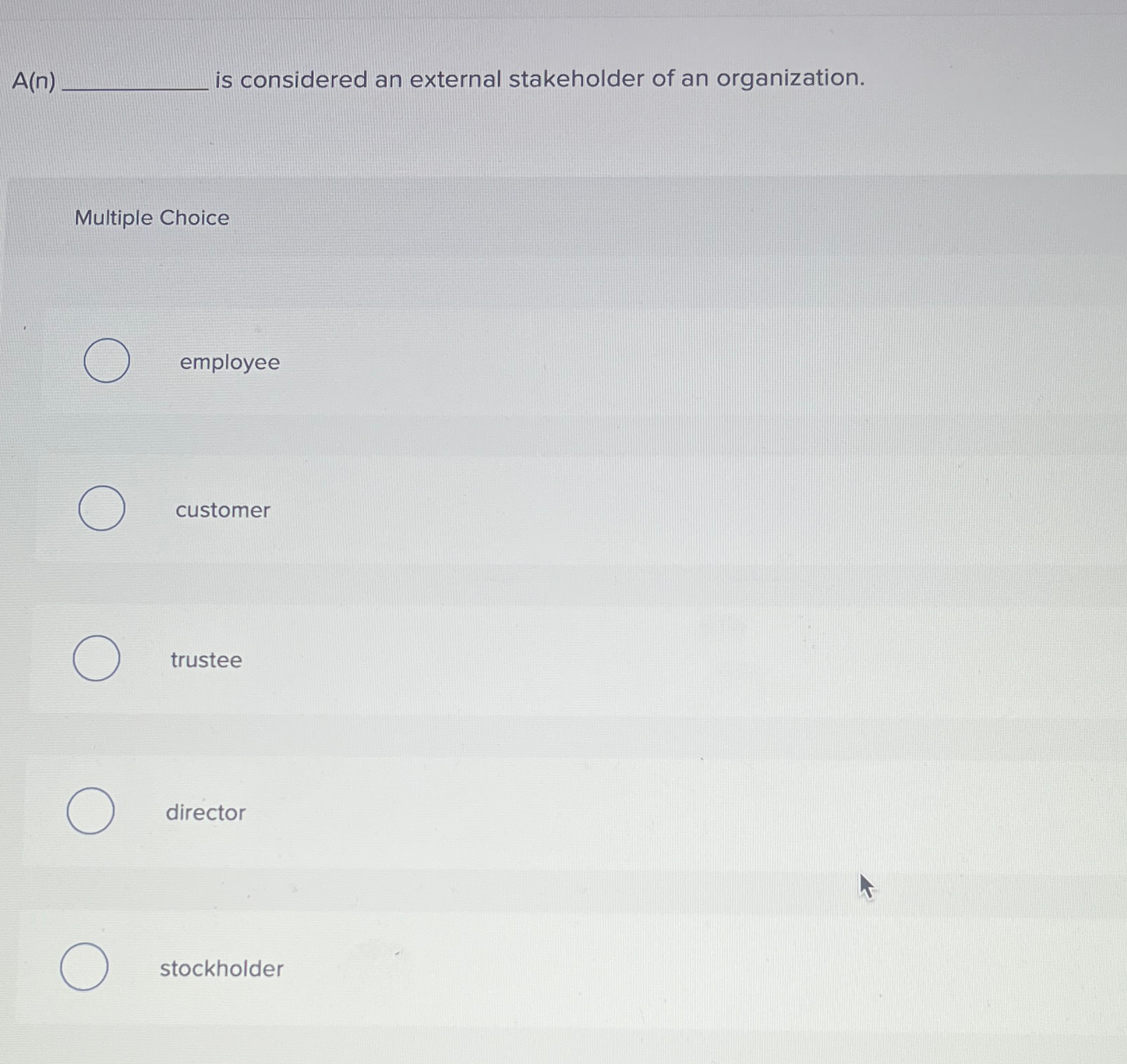 Solved A(n)is considered an external stakeholder of an | Chegg.com