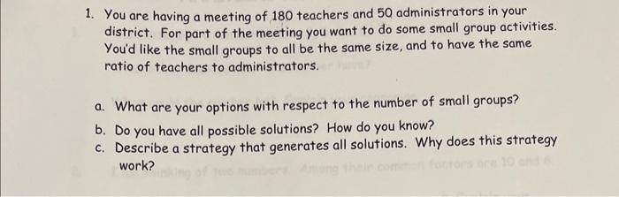Solved 1. You are having a meeting of 180 teachers and 50 | Chegg.com