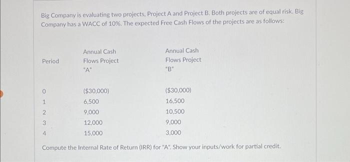Solved Big Company Is Evaluating Two Projects Project A And
