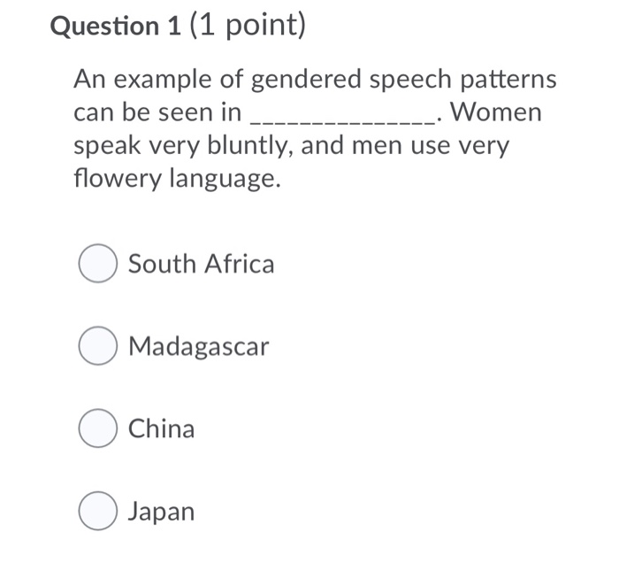 Solved Question 1 (1 point) An example of gendered speech | Chegg.com