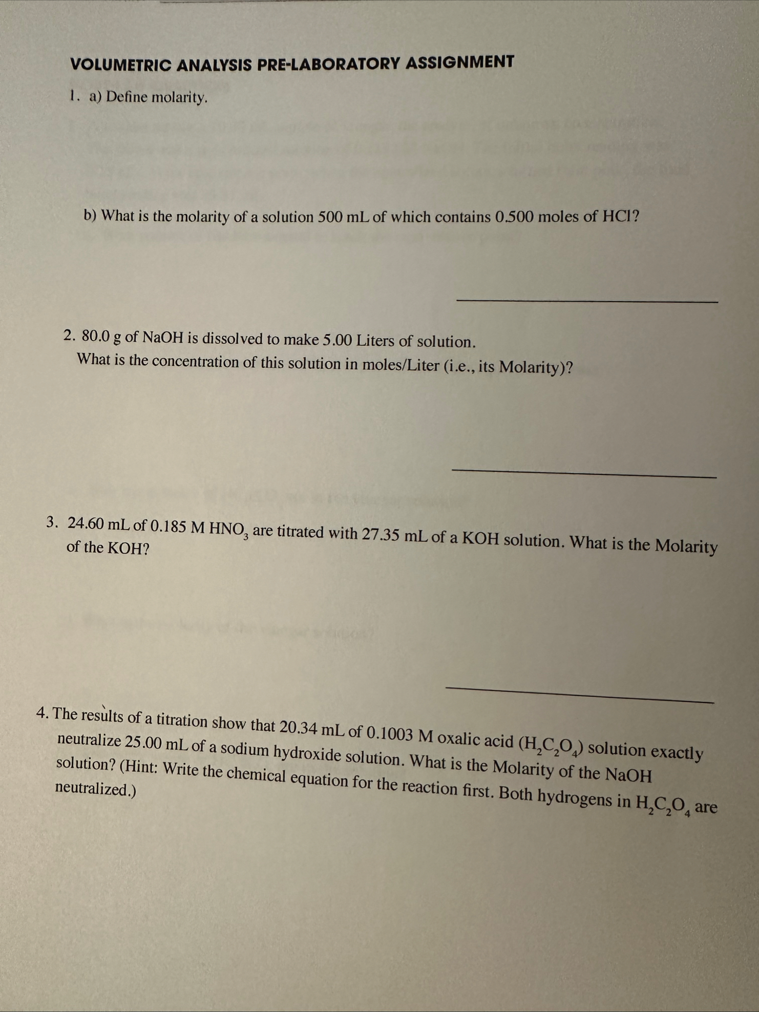 VOLUMETRIC ANALYSIS PRE-LABORATORY ASSIGNMENTa) | Chegg.com