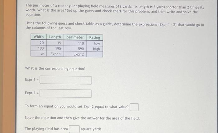 Solved The perimeter of a rectangular playing field measures | Chegg.com