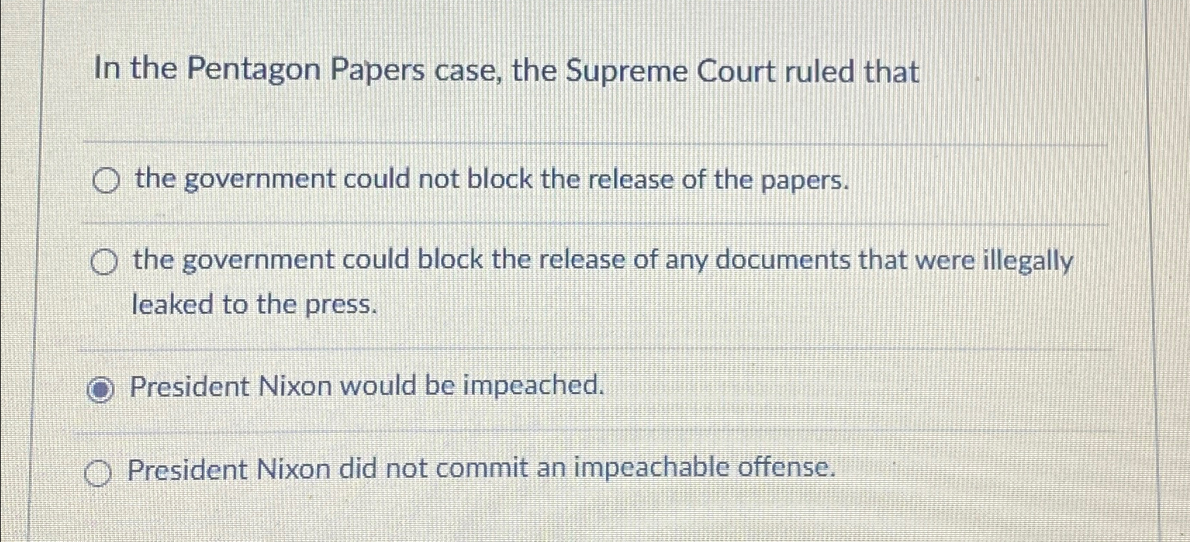 Solved In the Pentagon Papers case, the Supreme Court ruled | Chegg.com
