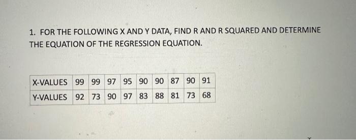 Solved 1. FOR THE FOLLOWING X AND Y DATA, FIND R AND R | Chegg.com