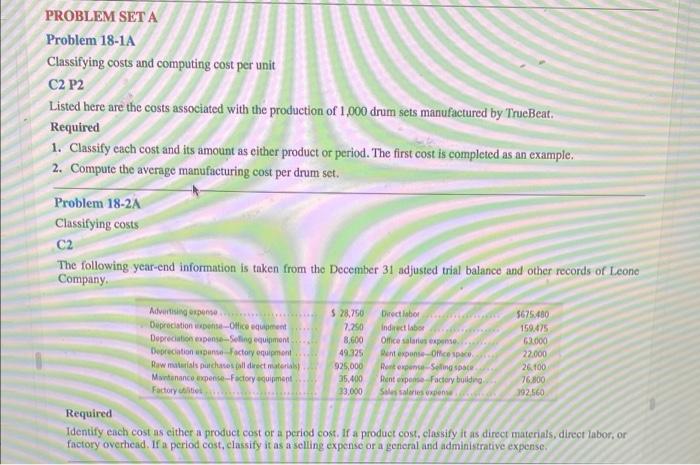 Solved PROBLEM SET A Problem 18-1A Classifying costs and | Chegg.com