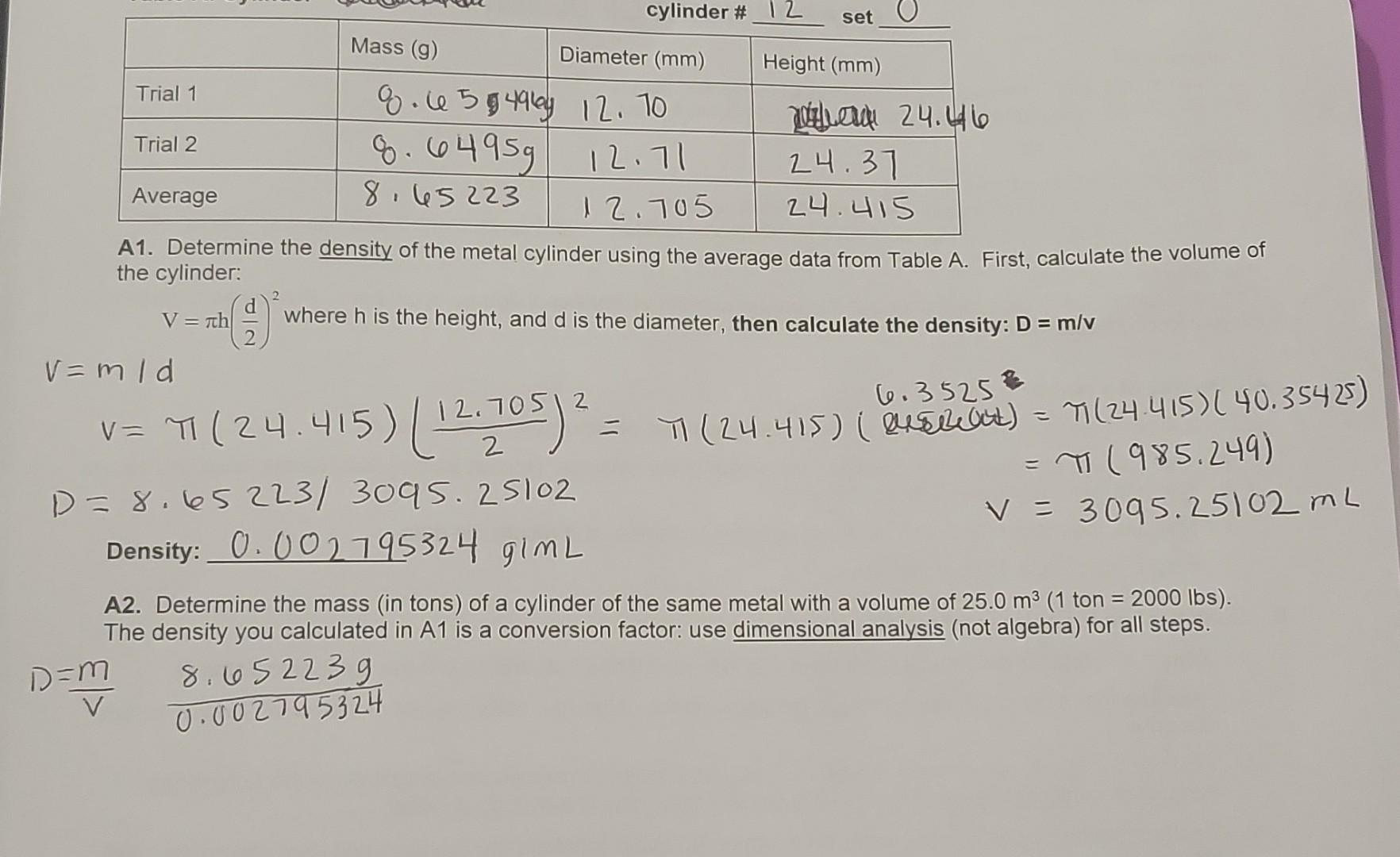 A1. Determine the density of the metal cylinder using | Chegg.com