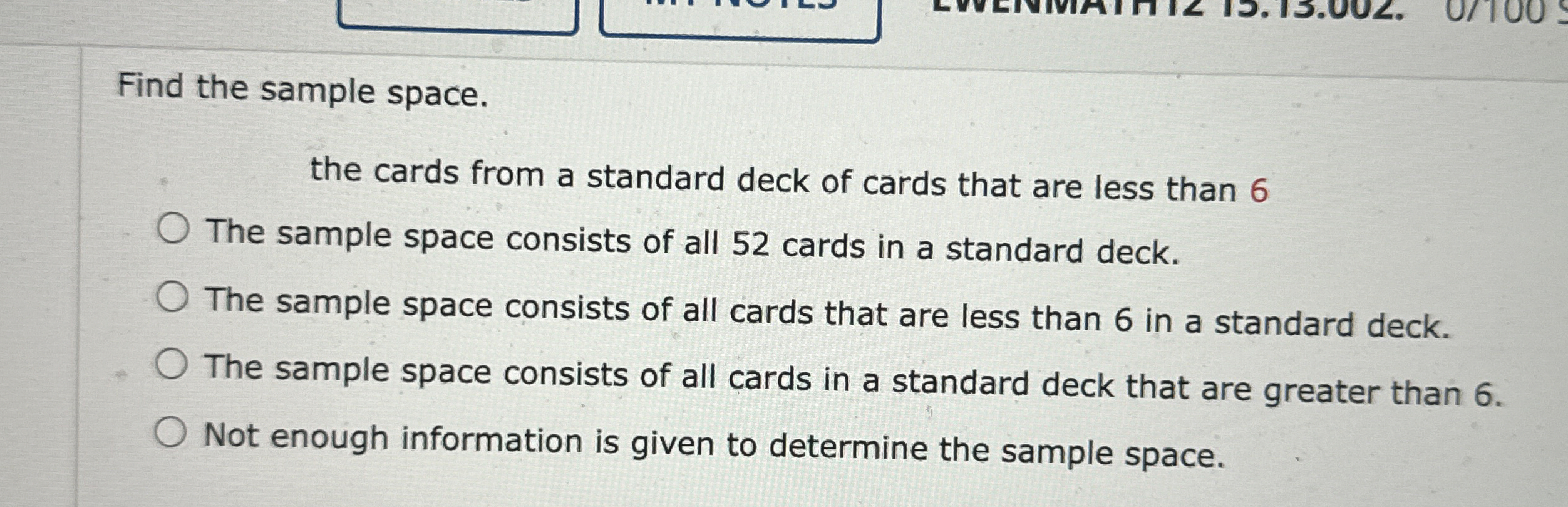 Solved Find the sample space.the cards from a standard deck | Chegg.com