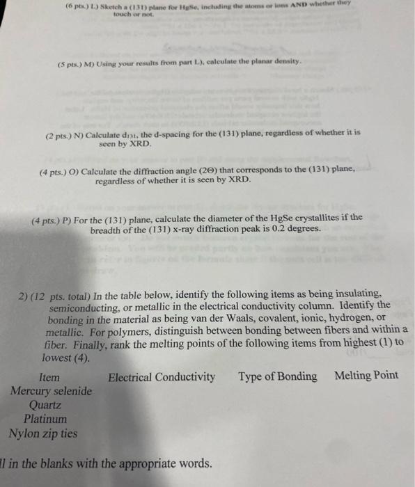 Solved (6 pts.) t. ) Sketch a (131) plane for BeSe, | Chegg.com