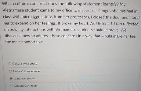 Solved Which cultural construct does the following statement | Chegg.com