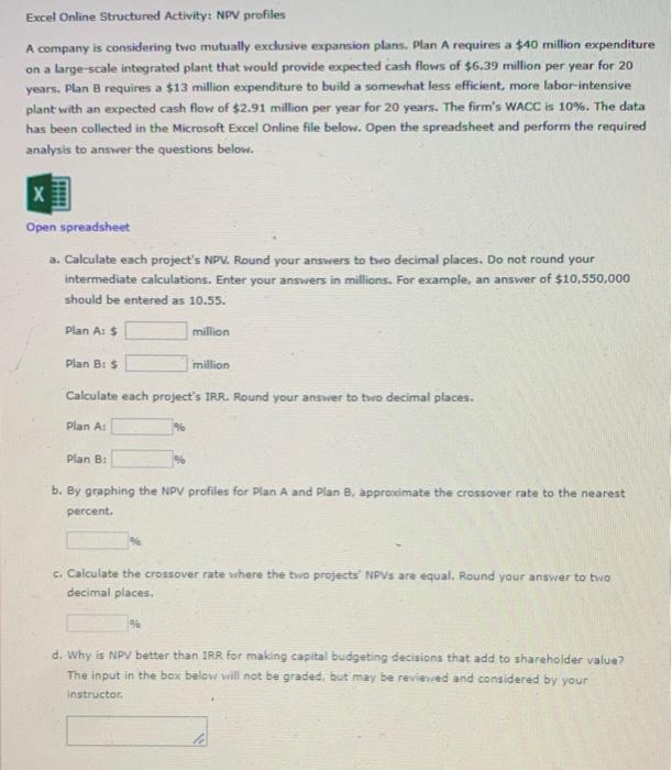 Solved Excel Online Structured Activity: NPV profiles A | Chegg.com